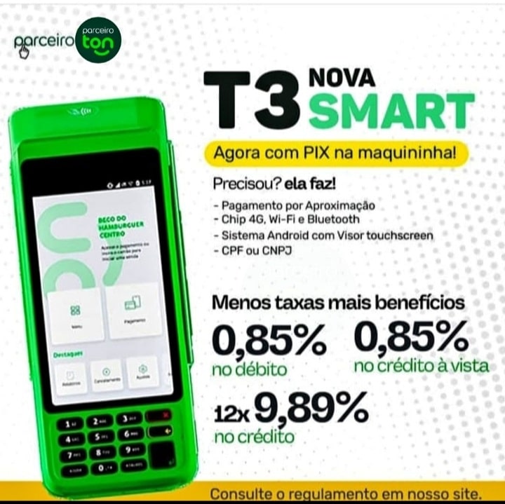 Maquininha de cartão Ton T3 smart com 2 baterias/Qrcode e touch-screen